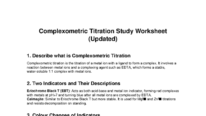 Complexometric Titration Study Worksheet (CHEM 101) - Studocu