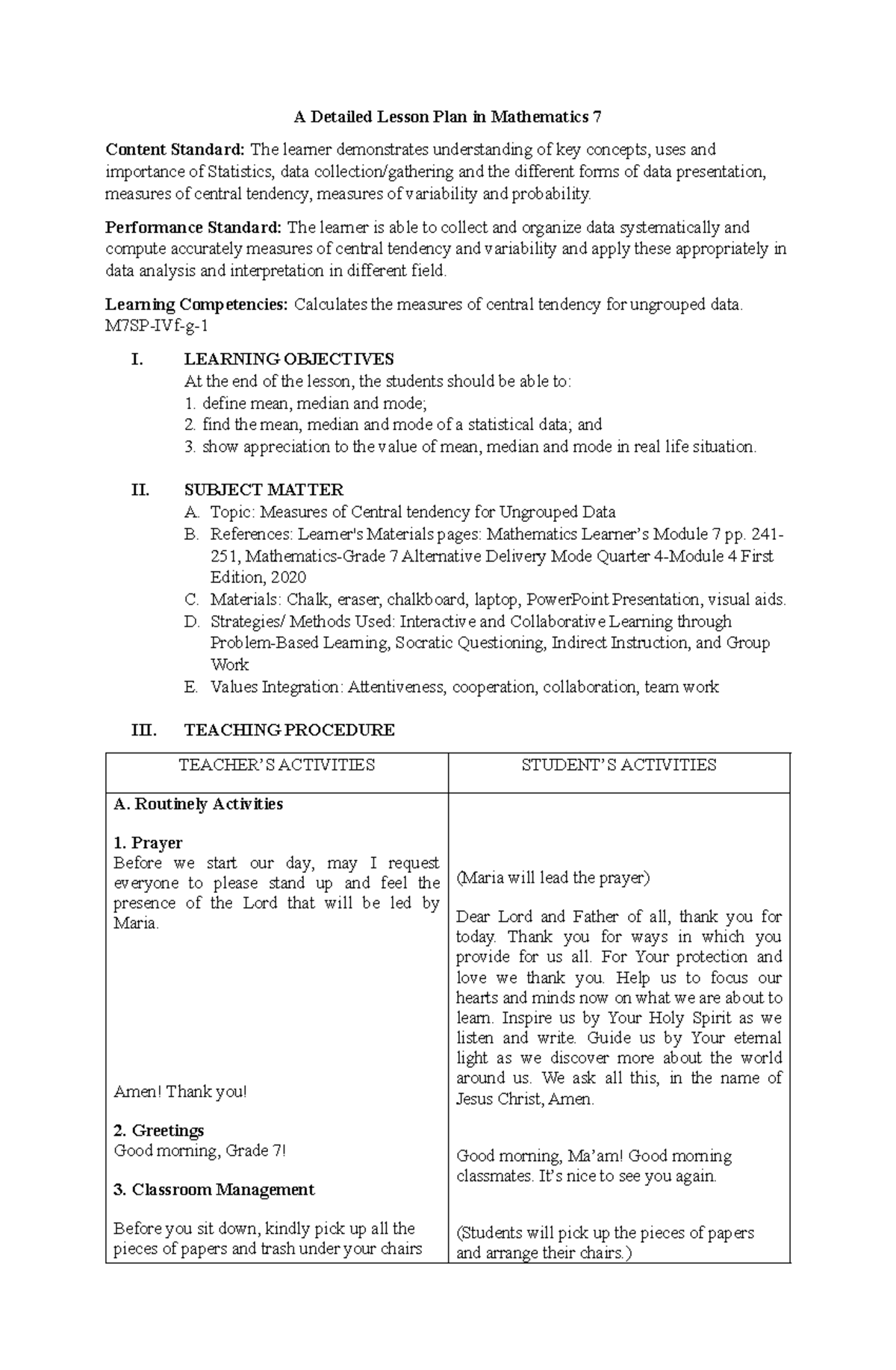 Junior Final. A Detailed Lesson Plan in Mathematics 7 by Cess (Auto ...
