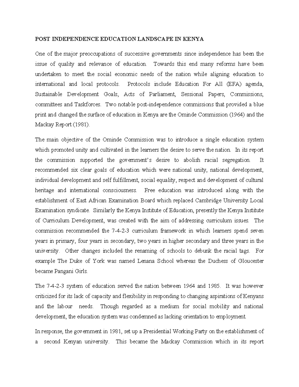 POST INDEPENDENCE EDUCATION REFORMS IN KENYA: A COMPREHENSIVE REVIEW ...