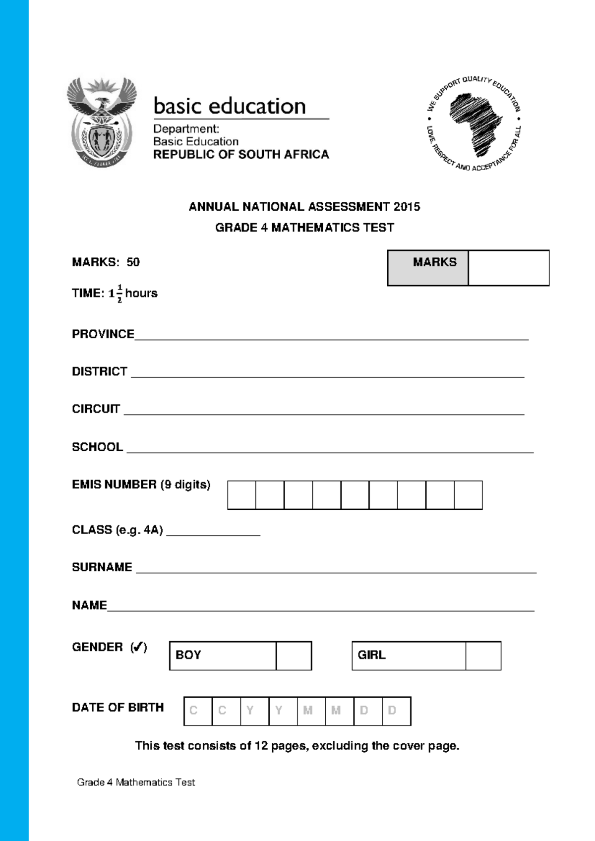 2015 ANA Gr 4 Math Test Paper - Complete Questions and Answers - Studocu