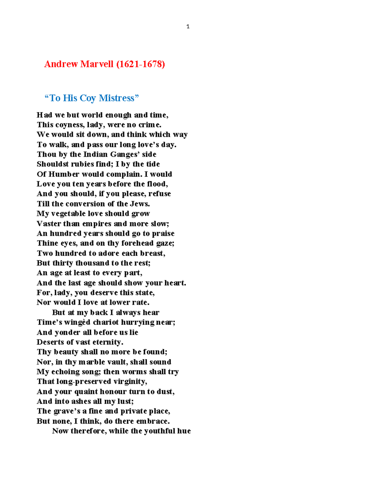 Andrew Marvell: To His Coy Mistress & Other Poems (ENG 101) - Studocu