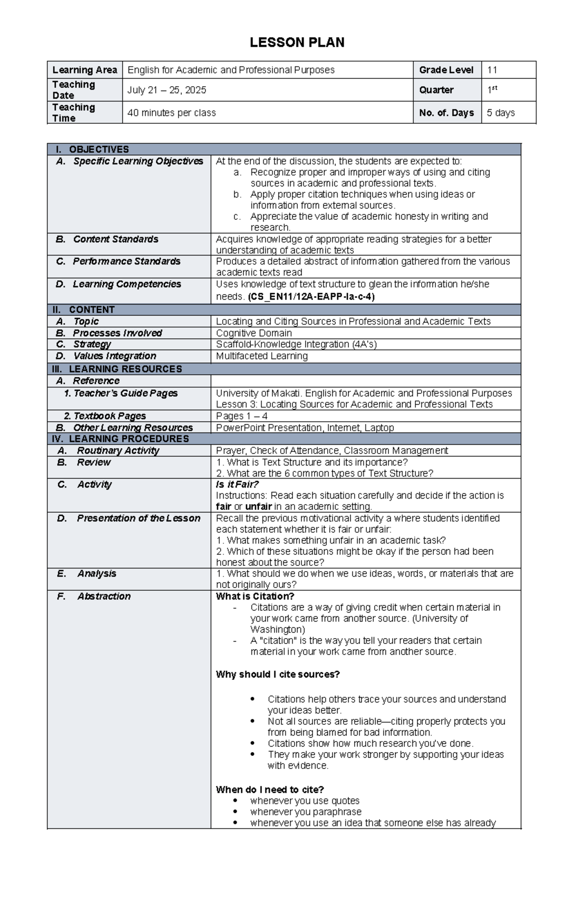 English for Academic and Professional Purposes Lesson Plan: Citing ...