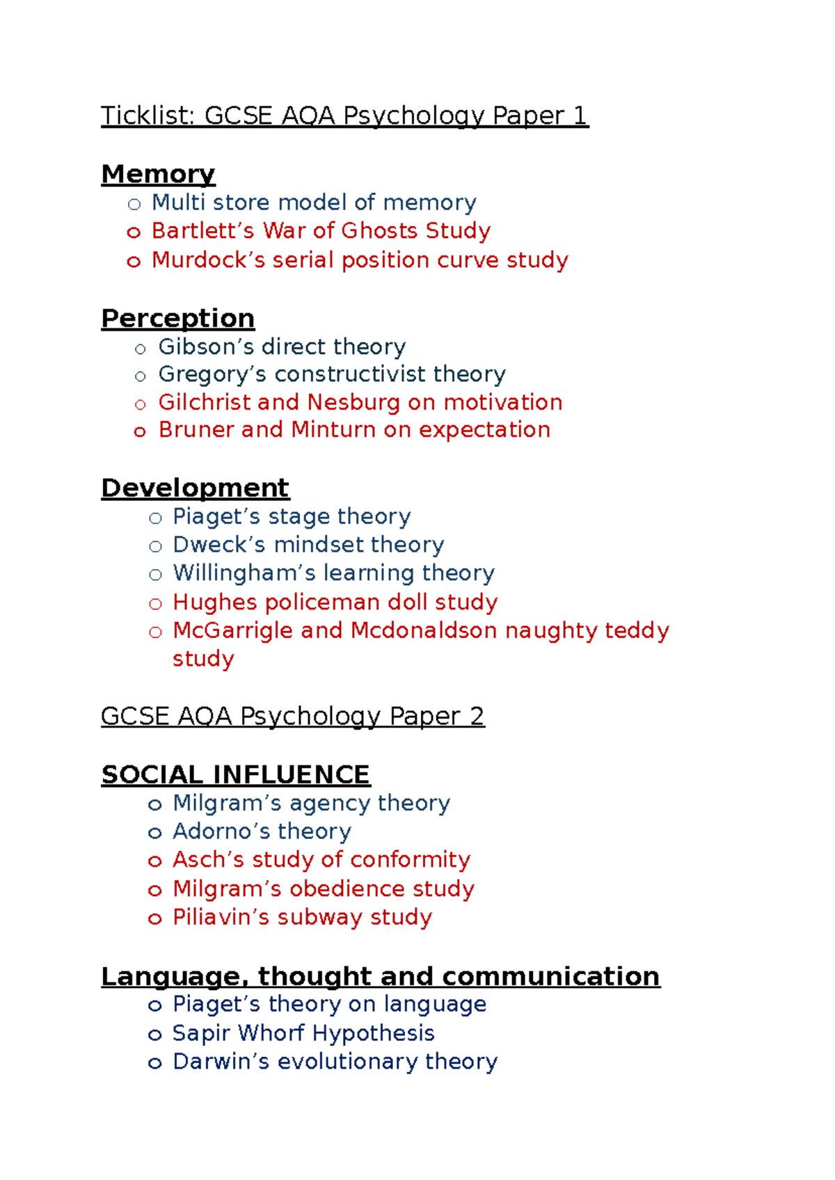 GCSE AQA Psychology Paper 1 & 2 Key Studies and Theories Ticklist - Studocu