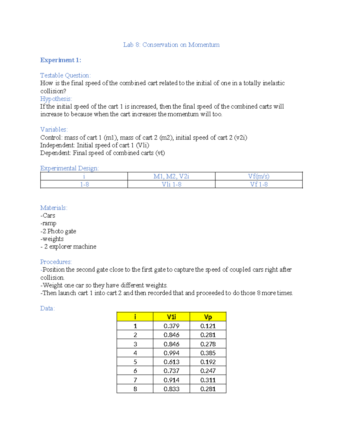 Lab 8 - Conservation of Momentum Experiment Report - Studocu