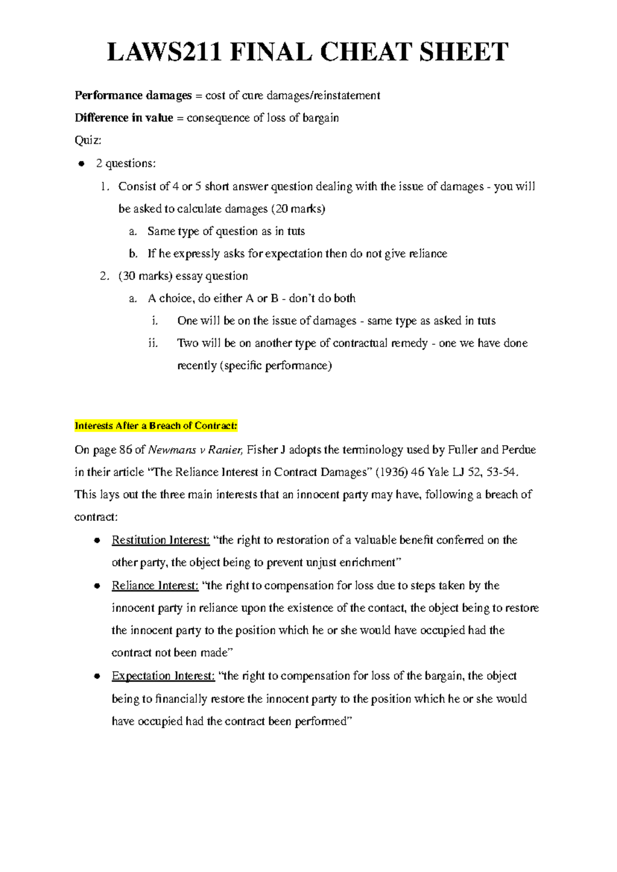 LAWS211 Final Exam Cheat Sheet: Key Concepts in Contract Damages - Studocu