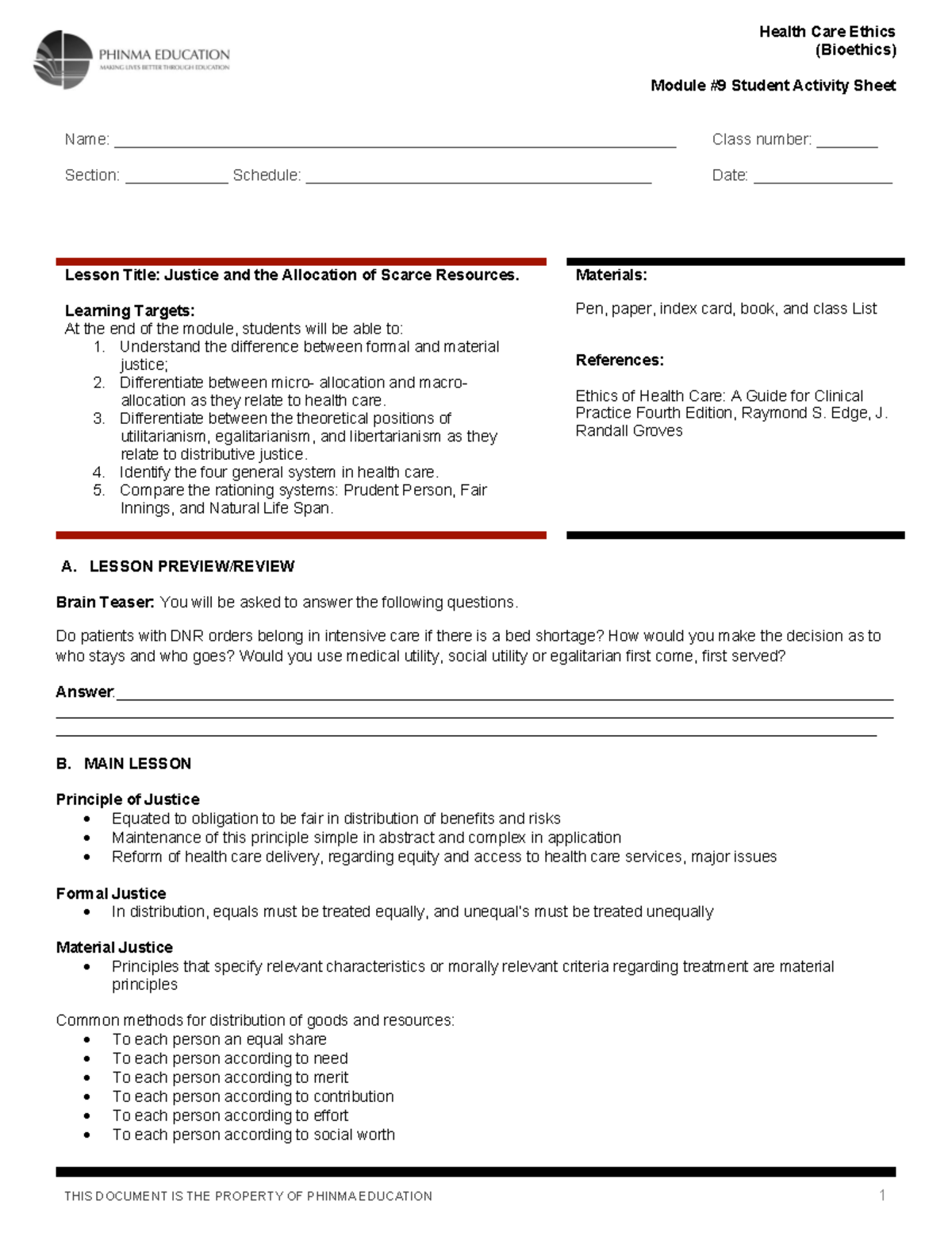 Bioethics Session 9 SAS - (Bioethics) Module #9 Student Activity Sheet ...
