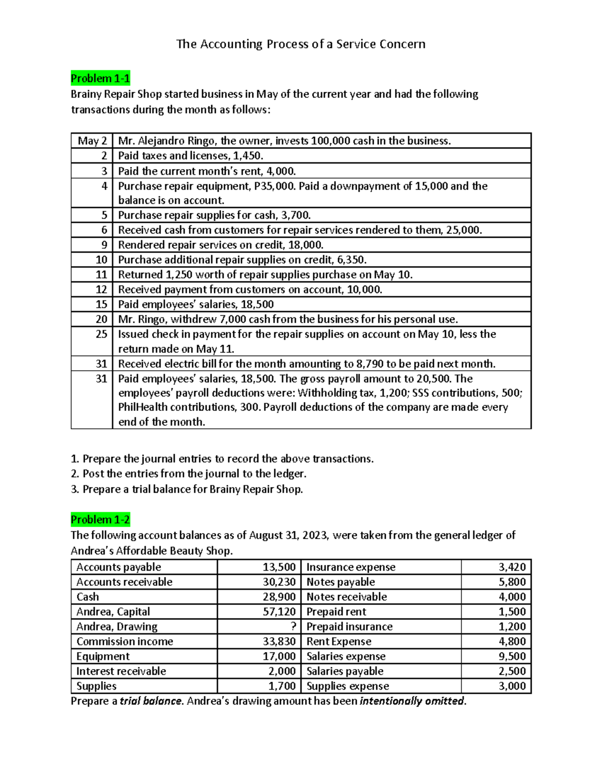 Accounting Process for a Service Business (Problems 1-1 to 1-3) - Studocu
