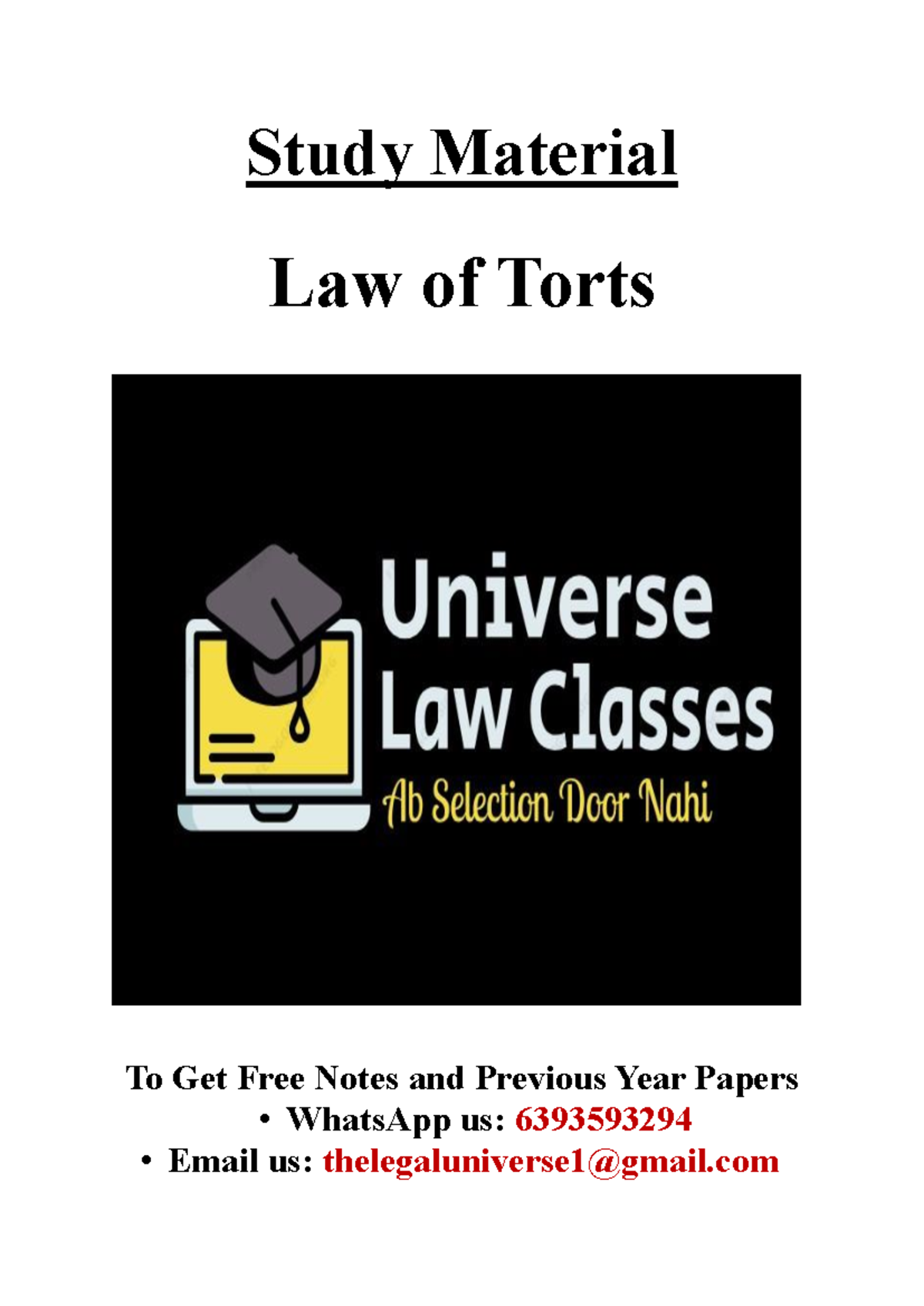 Study Material: Law of Torts - Key Concepts and Definitions - Studocu
