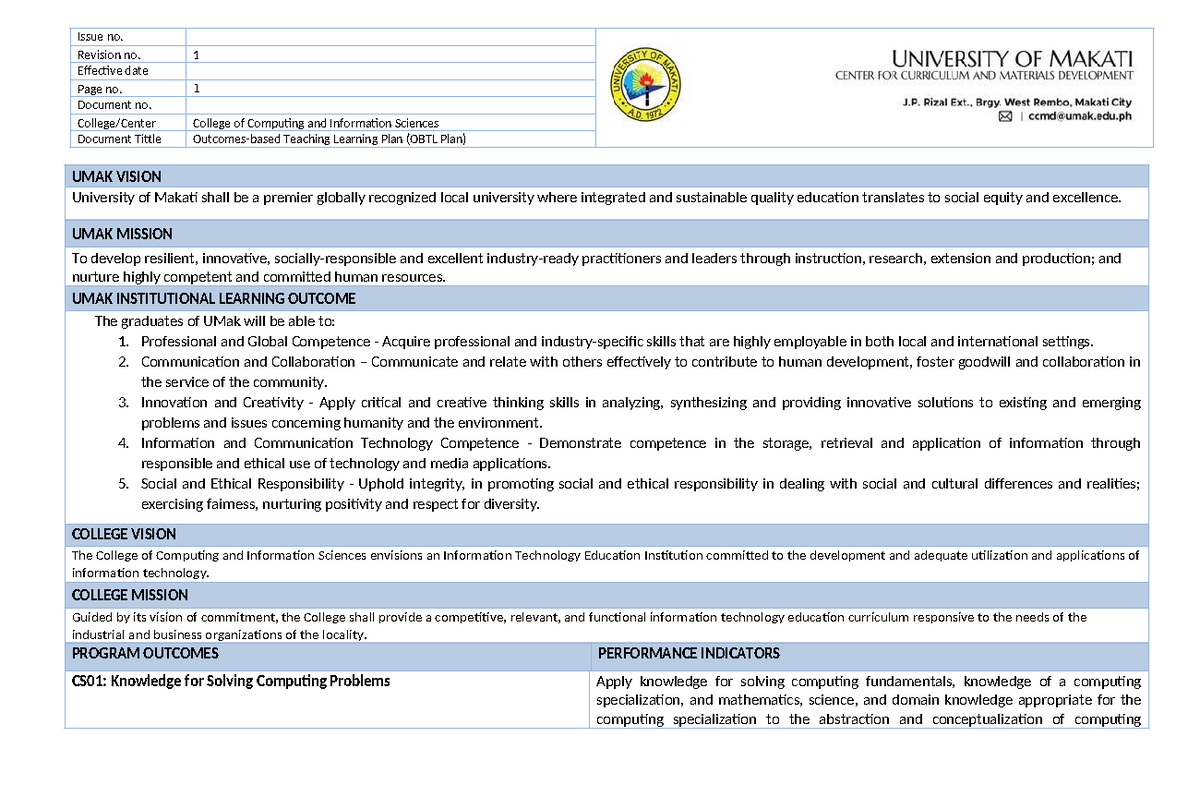 COMPROG2 - Teaching Learning Plan (OBTL Plan) Overview - Studocu