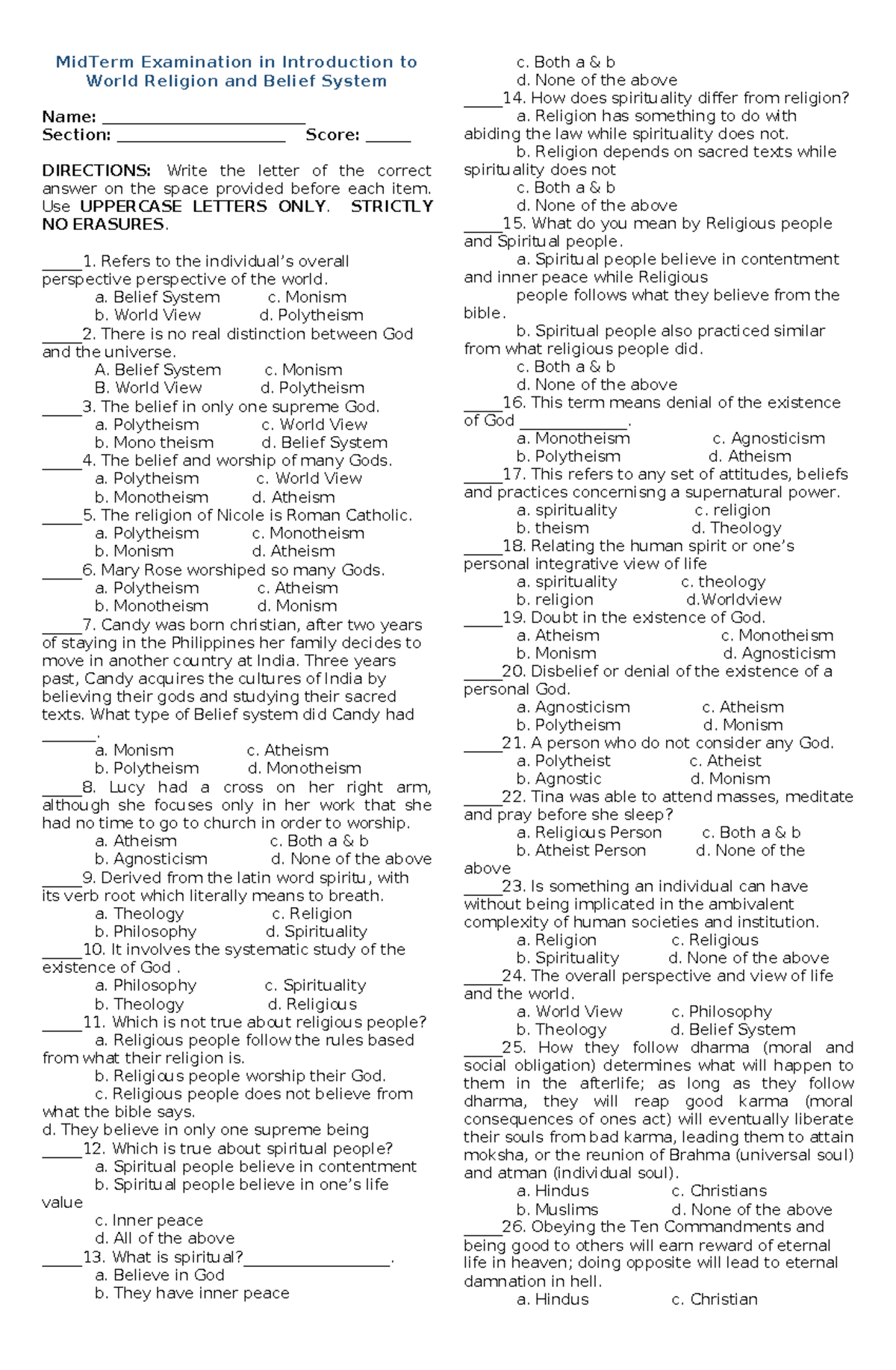 Midterm Exam IWRBS: Introduction to World Religion & Belief Systems ...