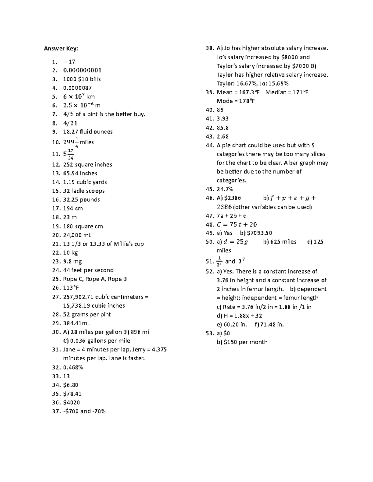 Answer Key for Math Practice Materials - Studocu