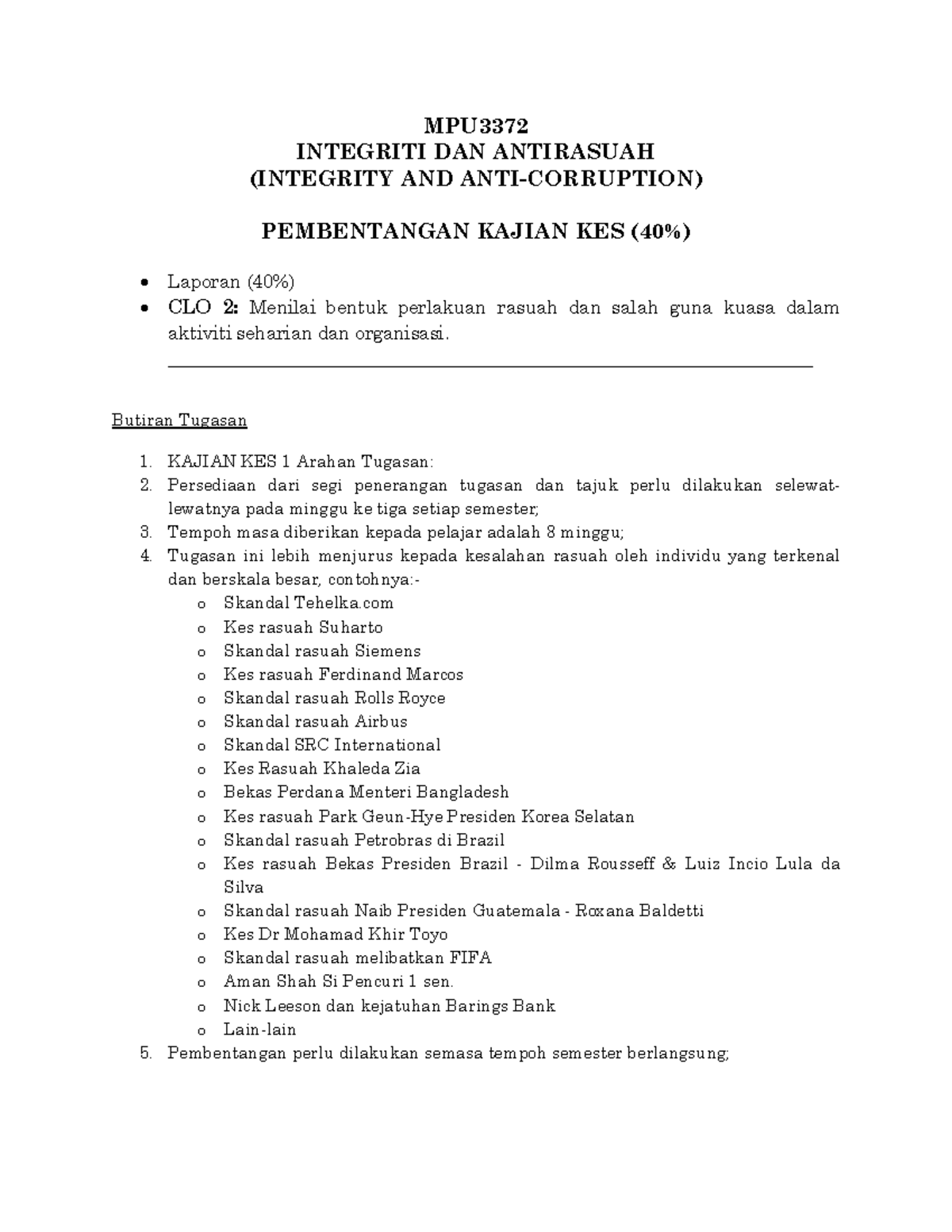 KIAR Tugasan 1: Laporan Kes Rasuah dan Integriti (40%) - Studocu