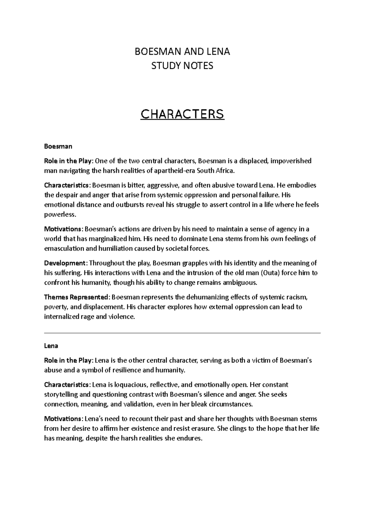 Boesman and Lena (Course Code: [Insert]) Study Notes on Characters ...