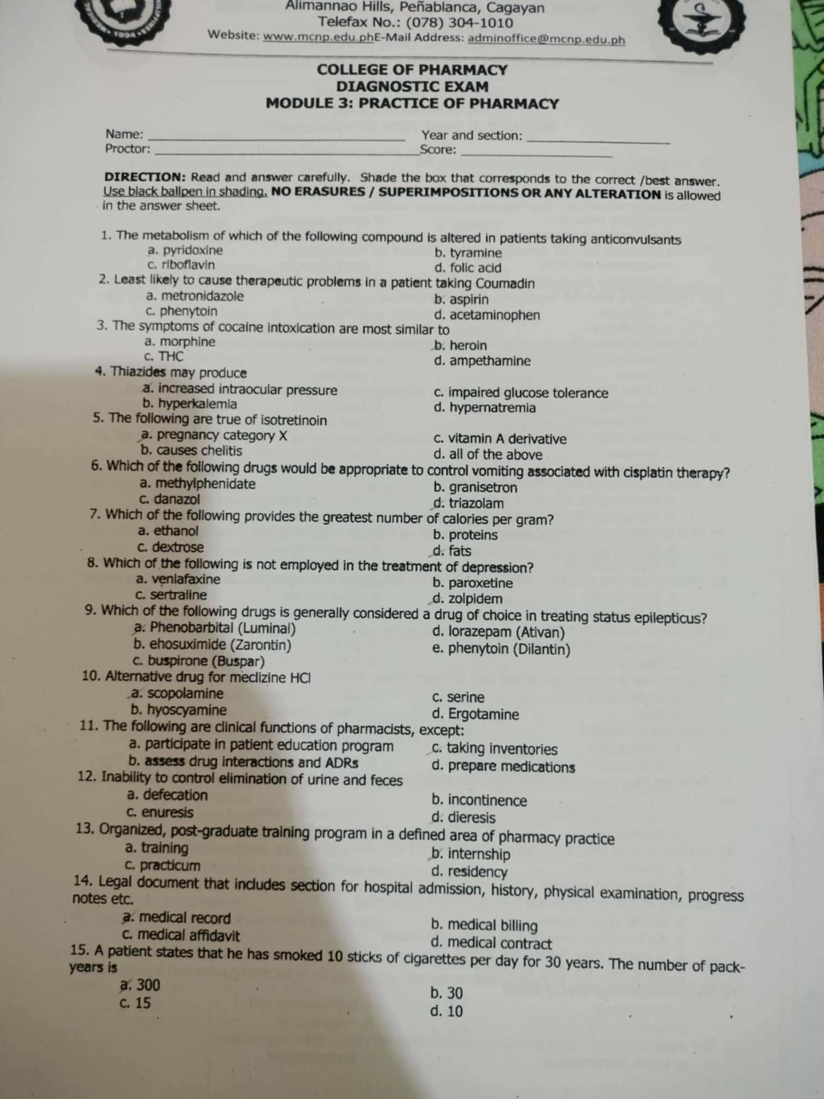 COLLEGE OF PHARMACY DIAGNOSTIC EXAM MODULE 1: PHARMACEUTICAL CHEMISTRY ...