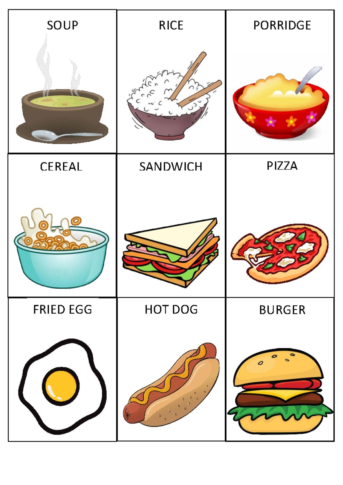 Colored Food Drinks Flashcards PDF-1 - SOUP RICE PORRIDGE CEREAL ...