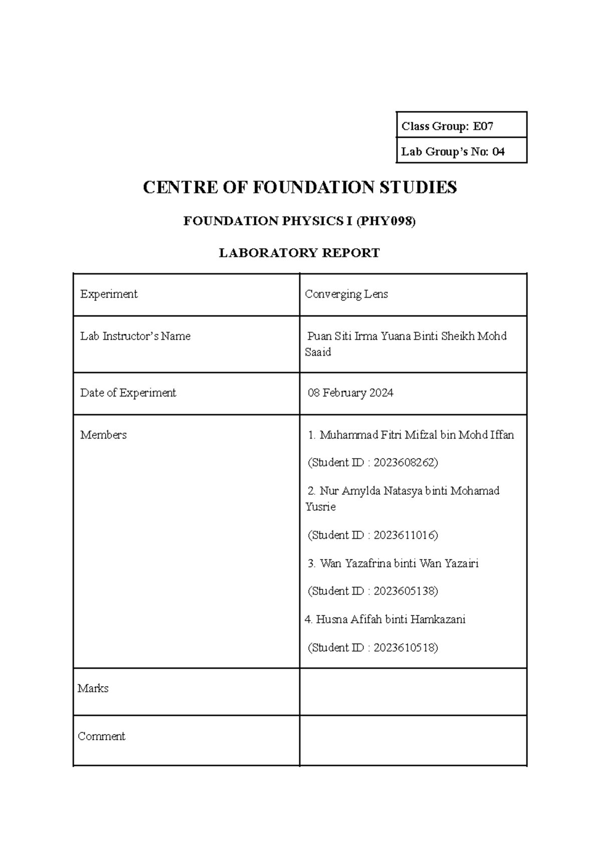 Lab Report on Converging Lens Experiment - PHY098 (Group 4) - Studocu