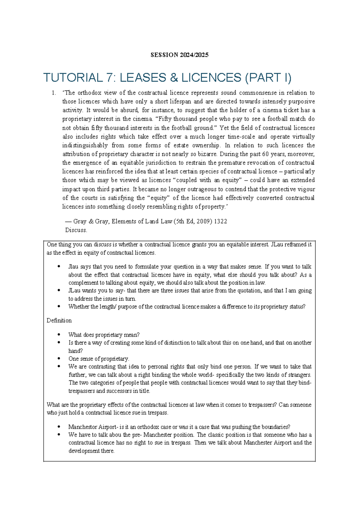 Property Tutorial 7: Leases and Licences - Key Concepts and Cases - Studocu