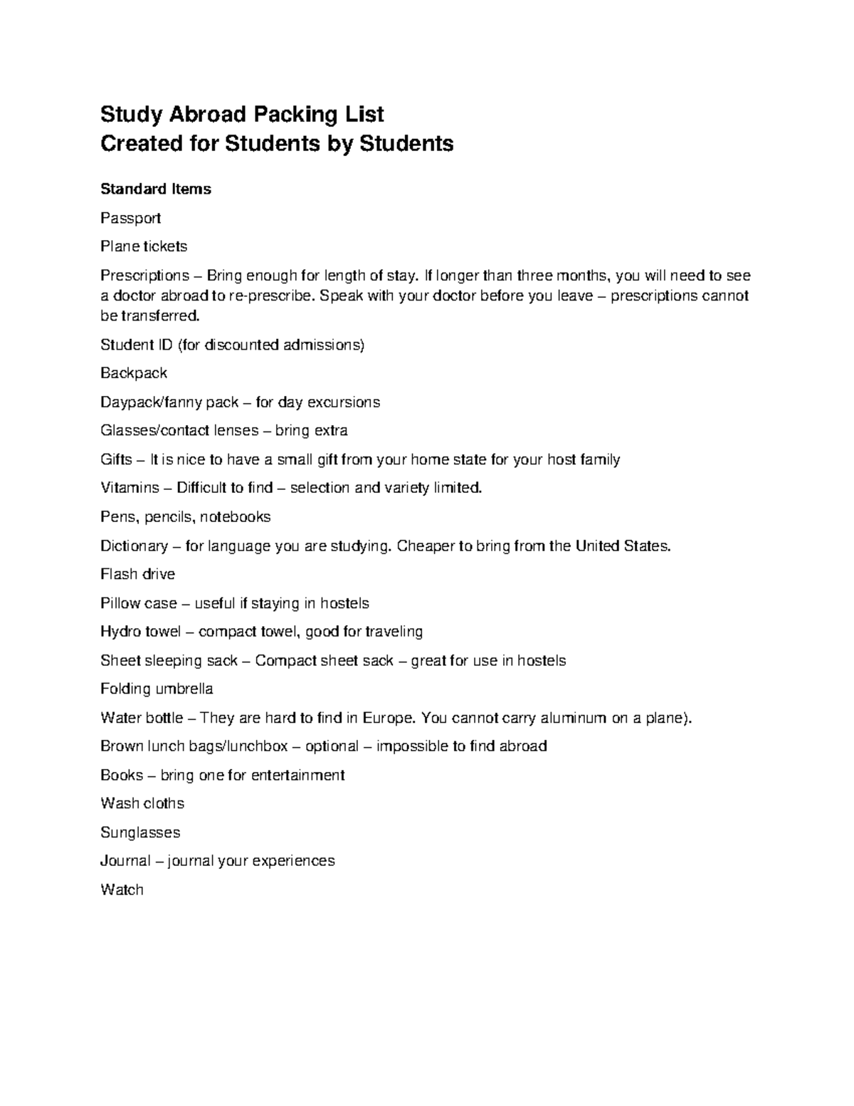 Updated Study Abroad Packing List - Study Abroad Packing List Created ...