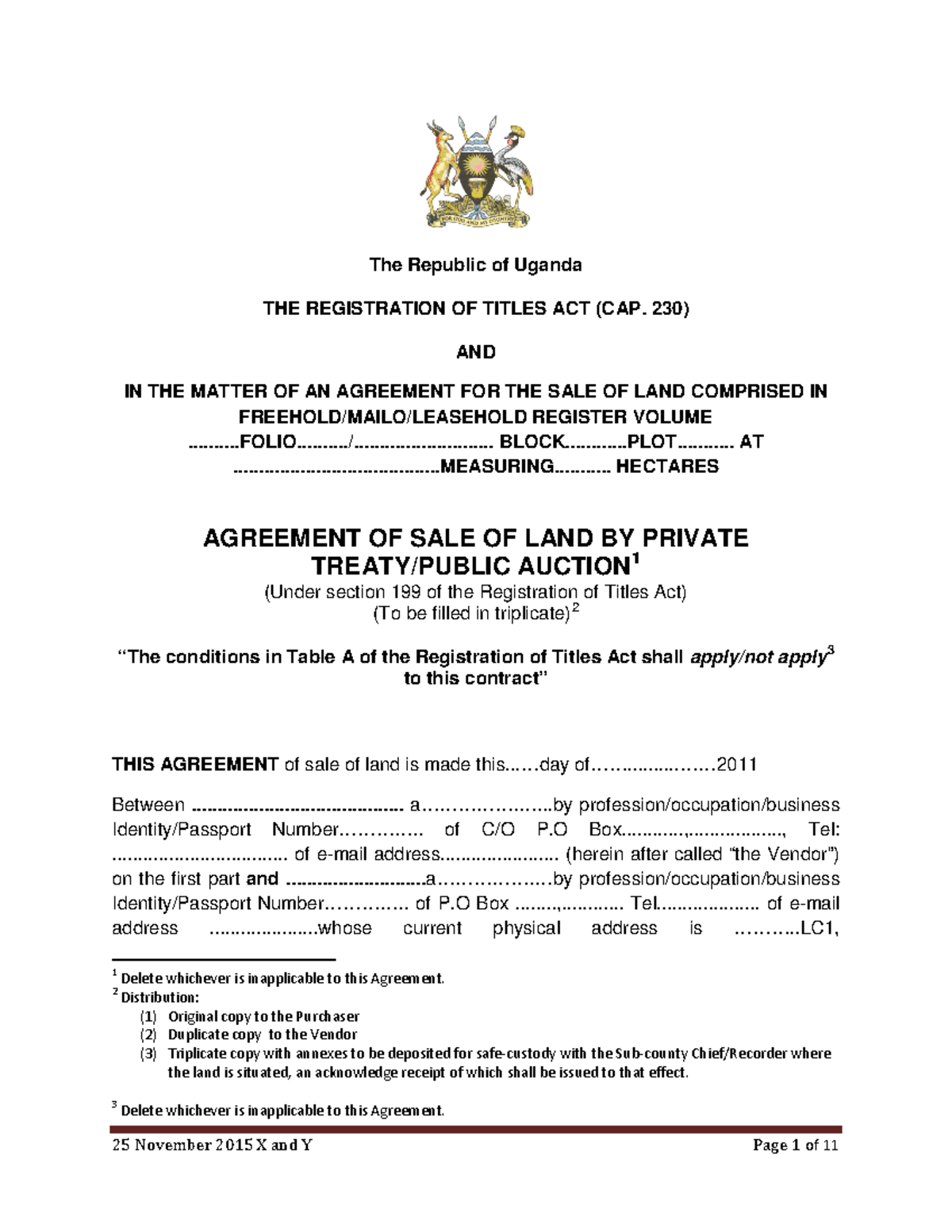 Sample Sale Agreement for Land in Uganda - Registration of Titles Act ...