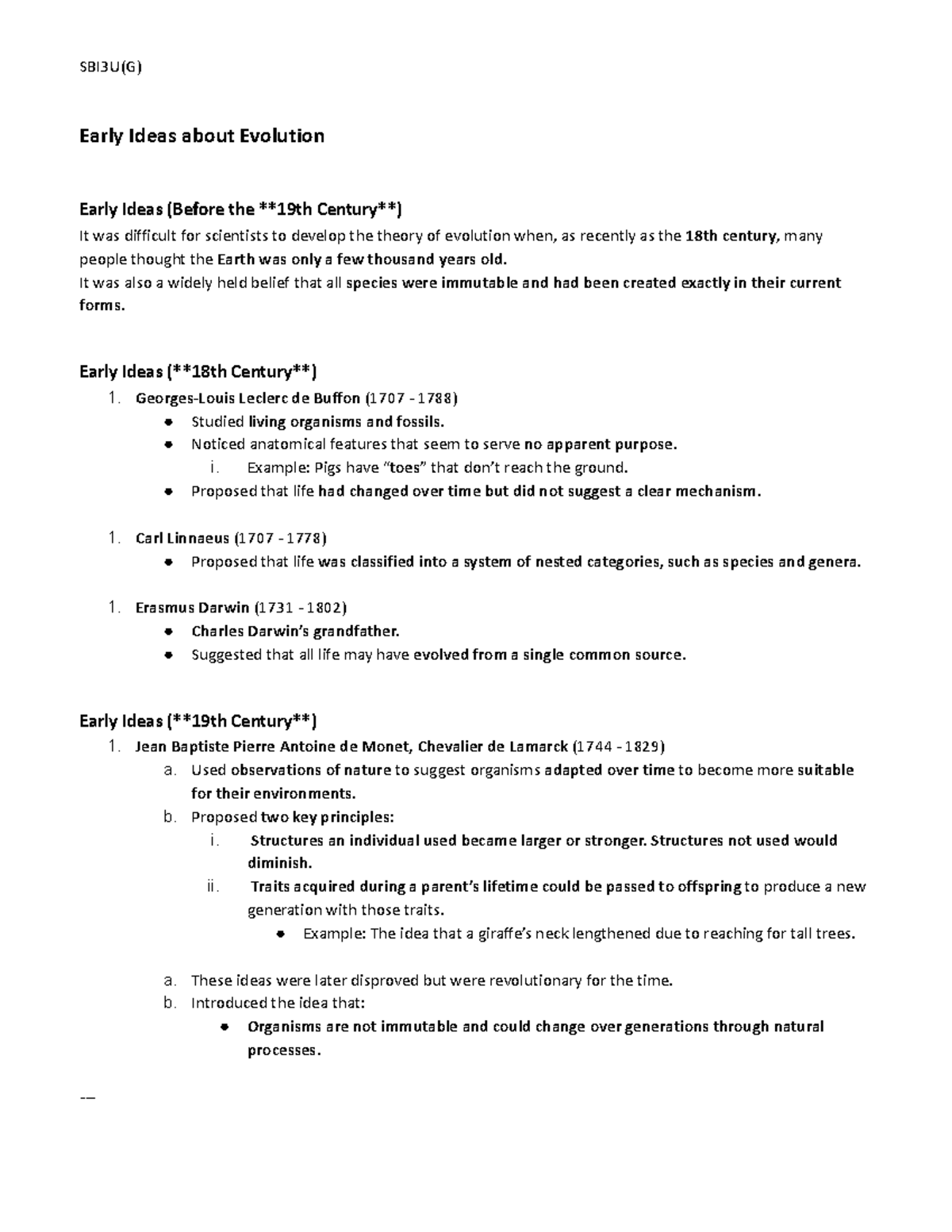 Copy of Early Ideas about Evolution Note - SBI3U(G) Early Ideas about ...