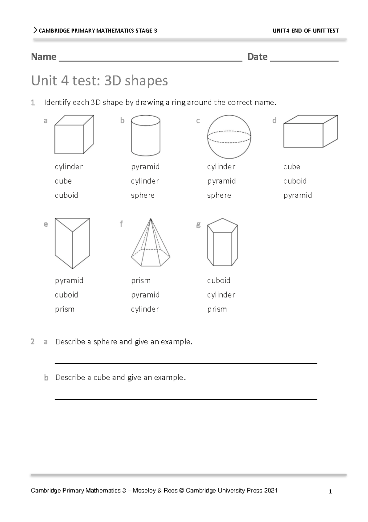 CAMBRIDGE PRIMARY MATHEMATICS STAGE 3 UNIT 4 TEST: 3D Shapes - Studocu