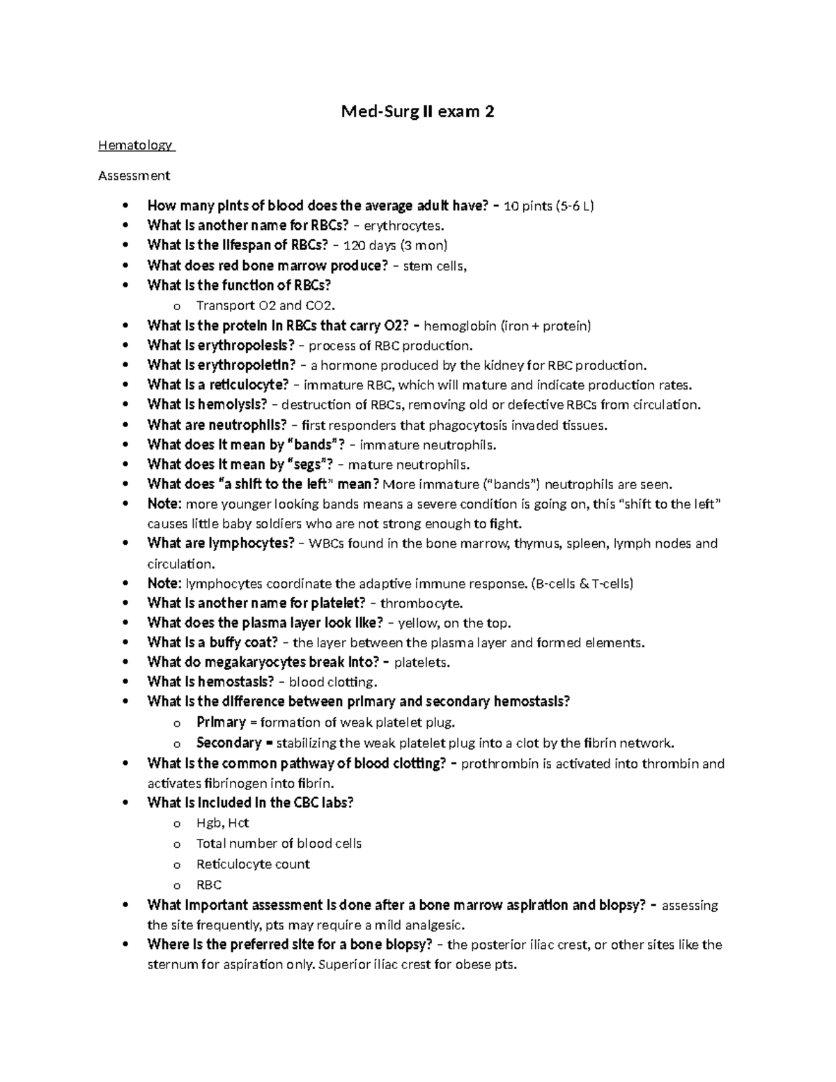Med Surg II Exam 2 Study Guide: Hematology & Renal Assessment - Studocu