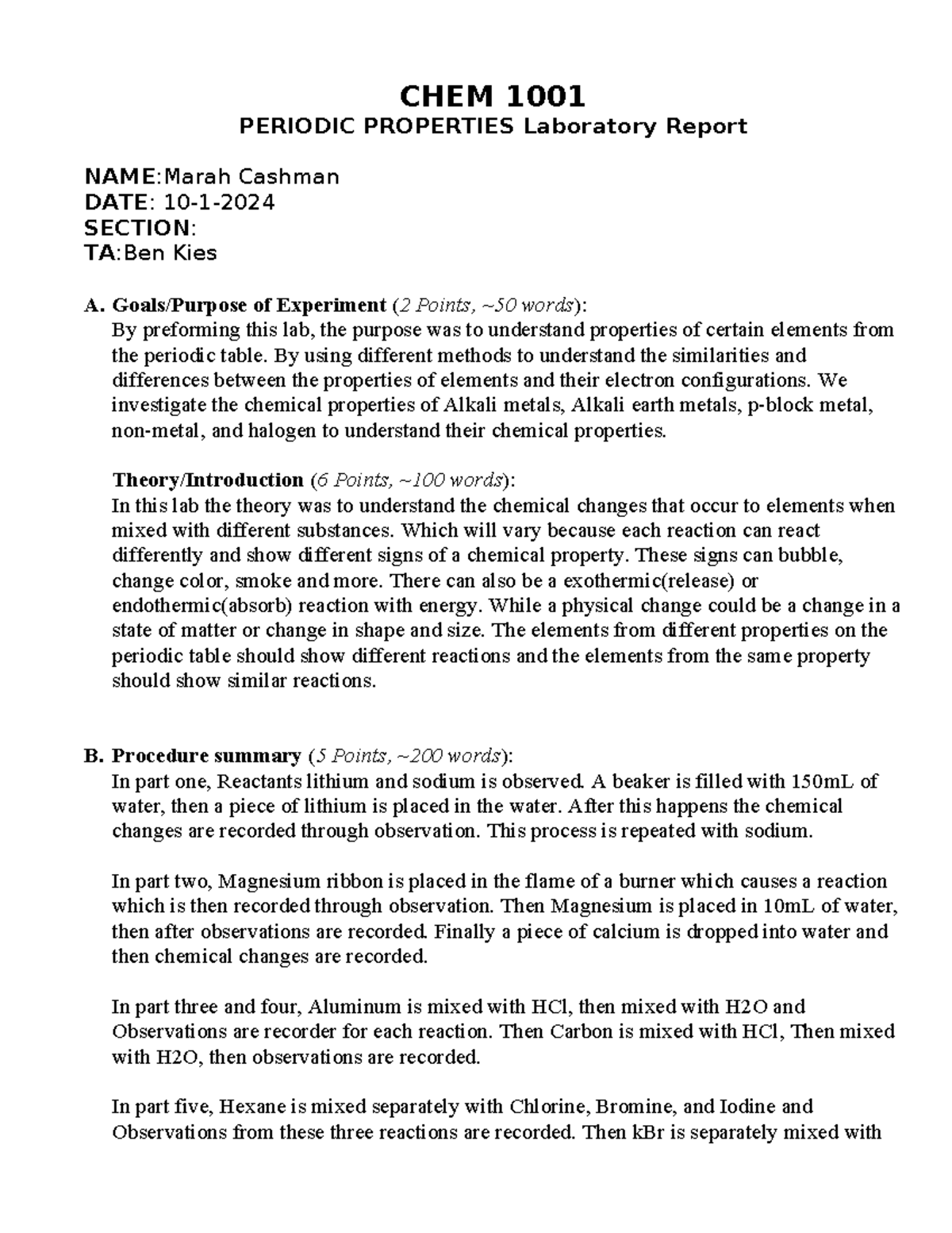 Periodic Properties Lab Report - CHEM 1001 Analysis and Observations ...
