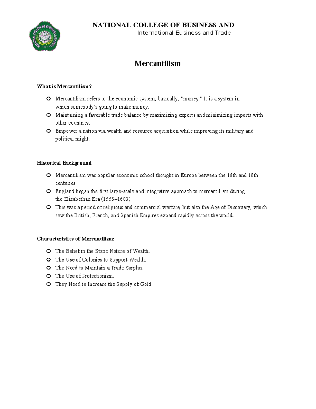 Mercantilism - notes - NATIONAL COLLEGE OF BUSINESS AND ARTS ...