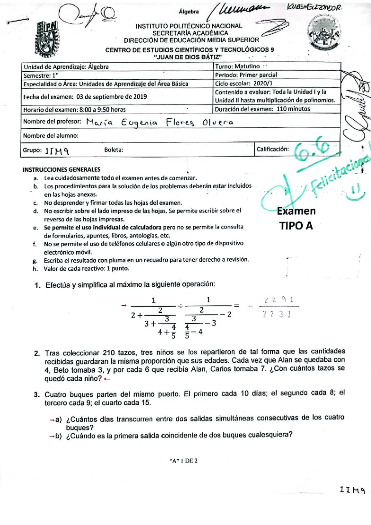 Examen 1er Parcial de Álgebra - INSTITUTO POLITÉCNICO NACIONAL - Studocu