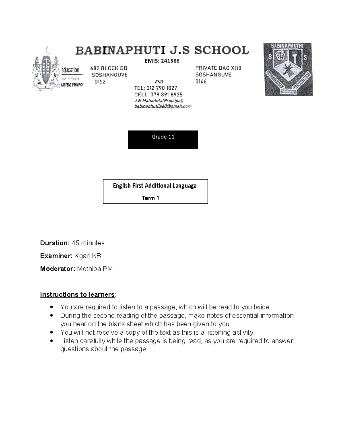 Grade 11 Listening Comprehension Task 1 - Term 1 Activity - Studocu