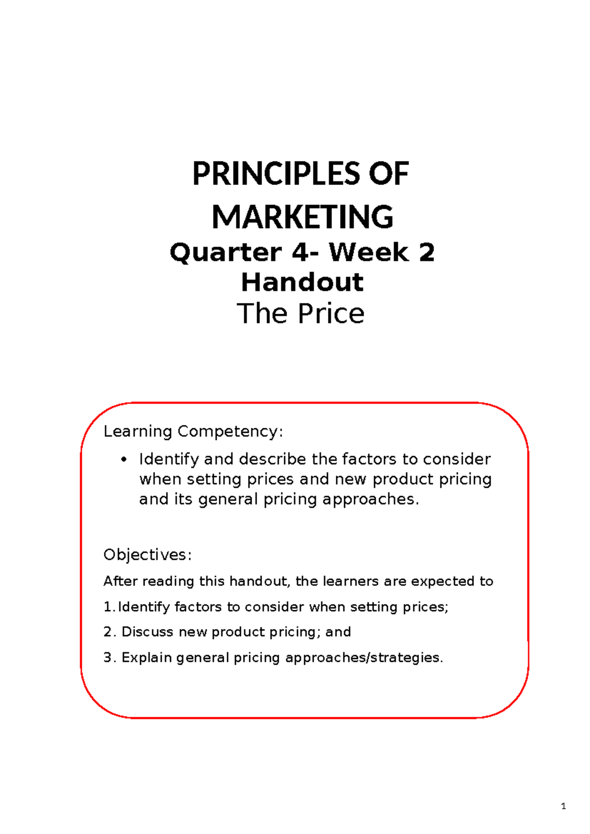 MKTG 101 Quarter 4 Week 2 Handout: Pricing Strategies Explained - Studocu