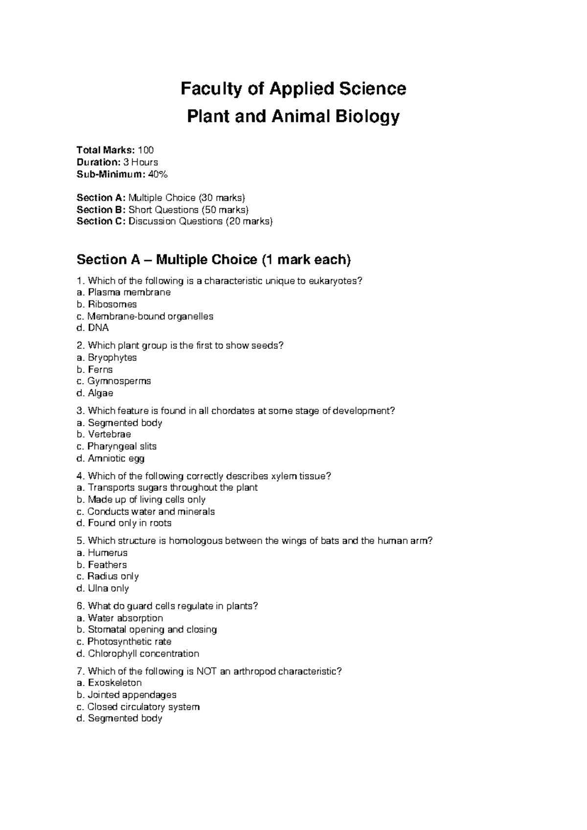 Plant and Animal Biology Exam (Total Marks: 100) - Studocu