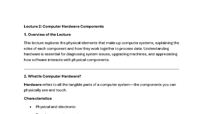 Lecture 2: Overview of Computer Hardware Components - Studocu