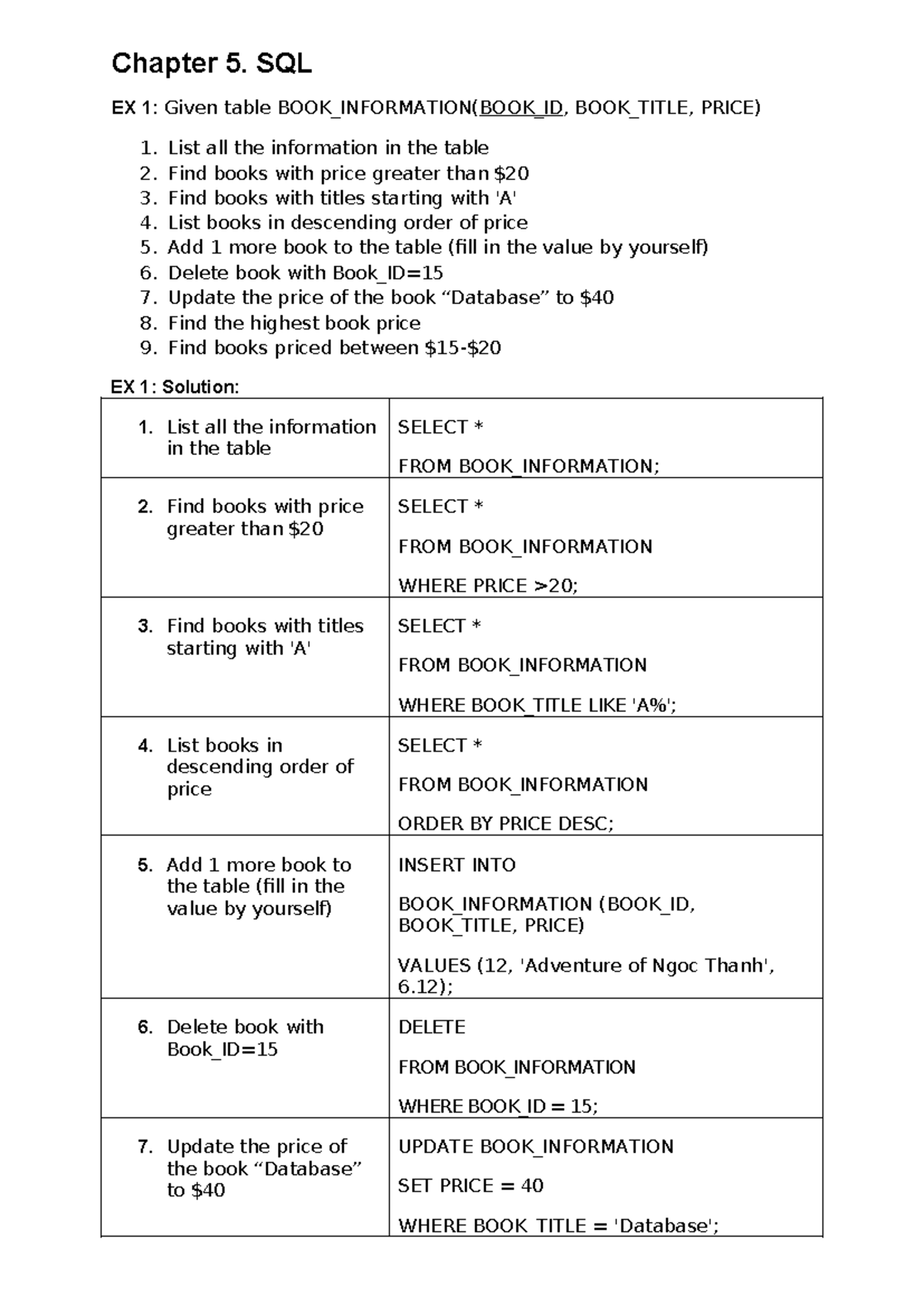 SQL Exercises: Queries on BOOK_INFORMATION, SALES, and Student Tables - Studocu