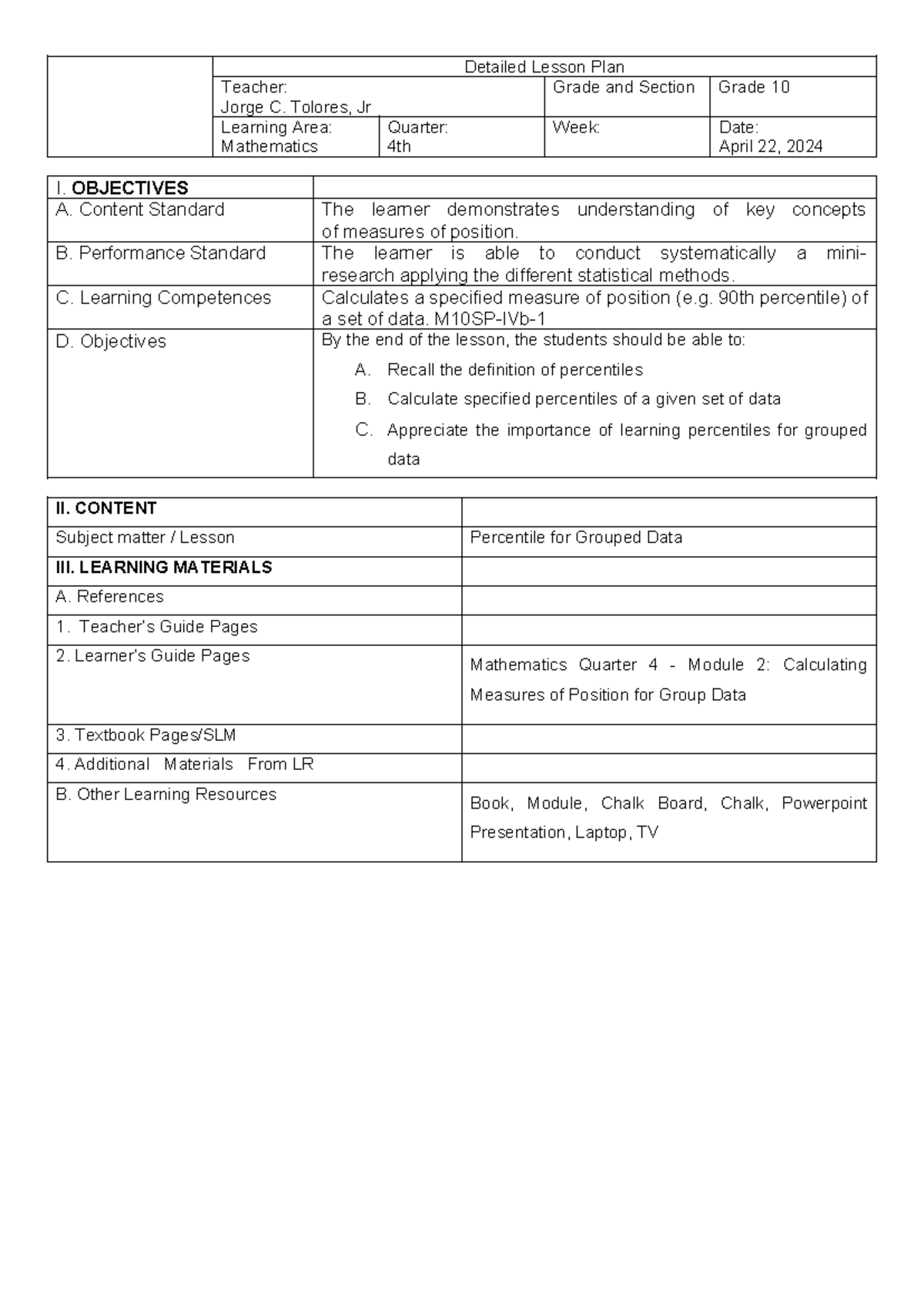 DLP: Understanding Percentiles for Grouped Data (Math G10 Q4) - Studocu
