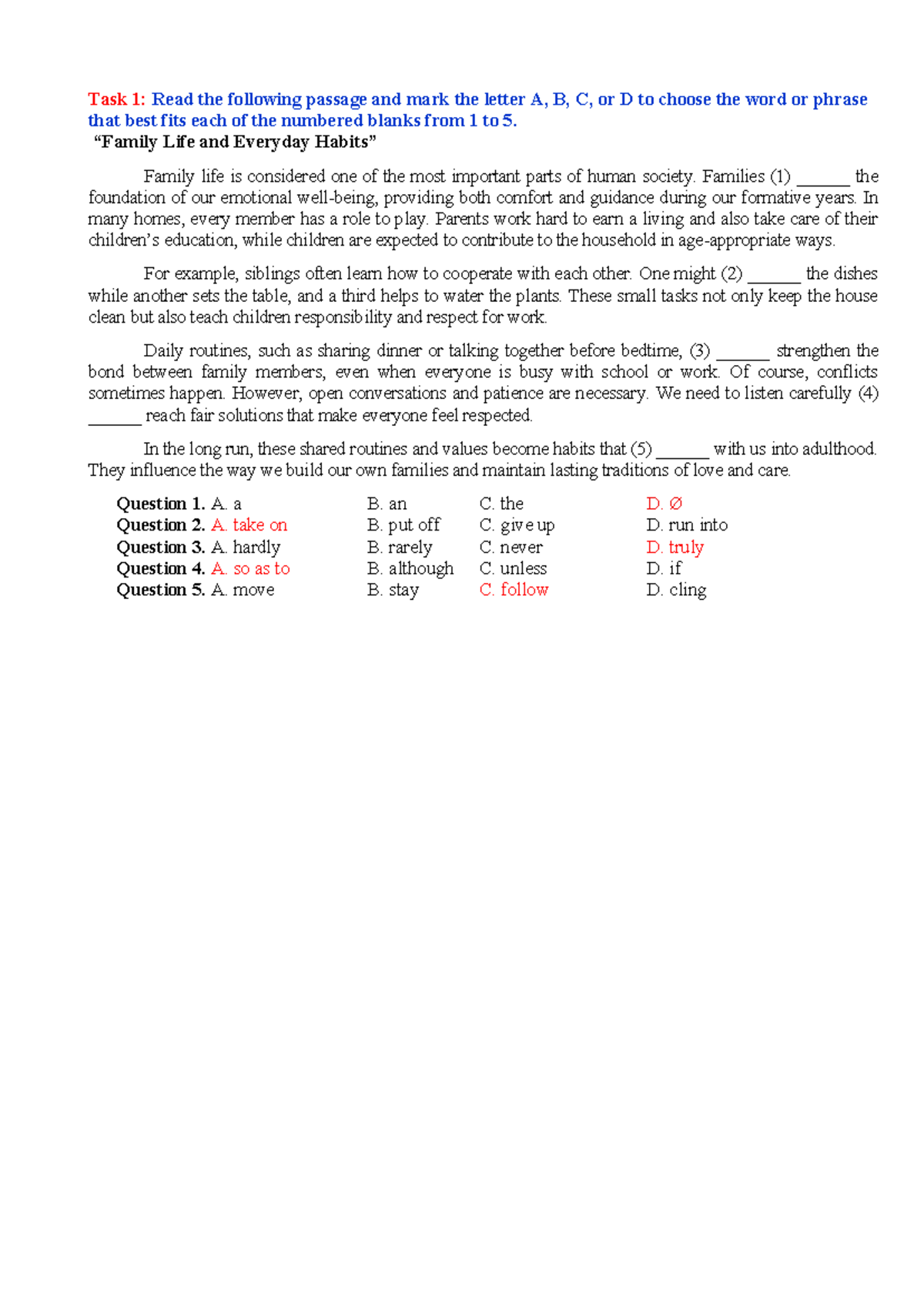 UNIT 1 - READING TEXT: Fill in the Blanks Exercise - Studocu