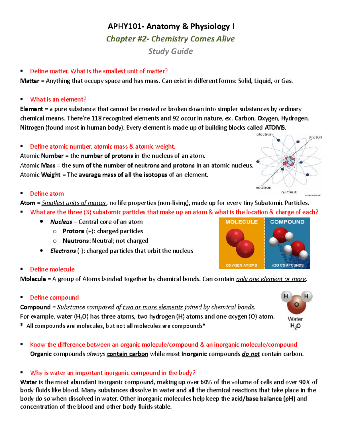 Chapter 2: Chemistry Comes Alive - APHY101 Study Guide - Studocu
