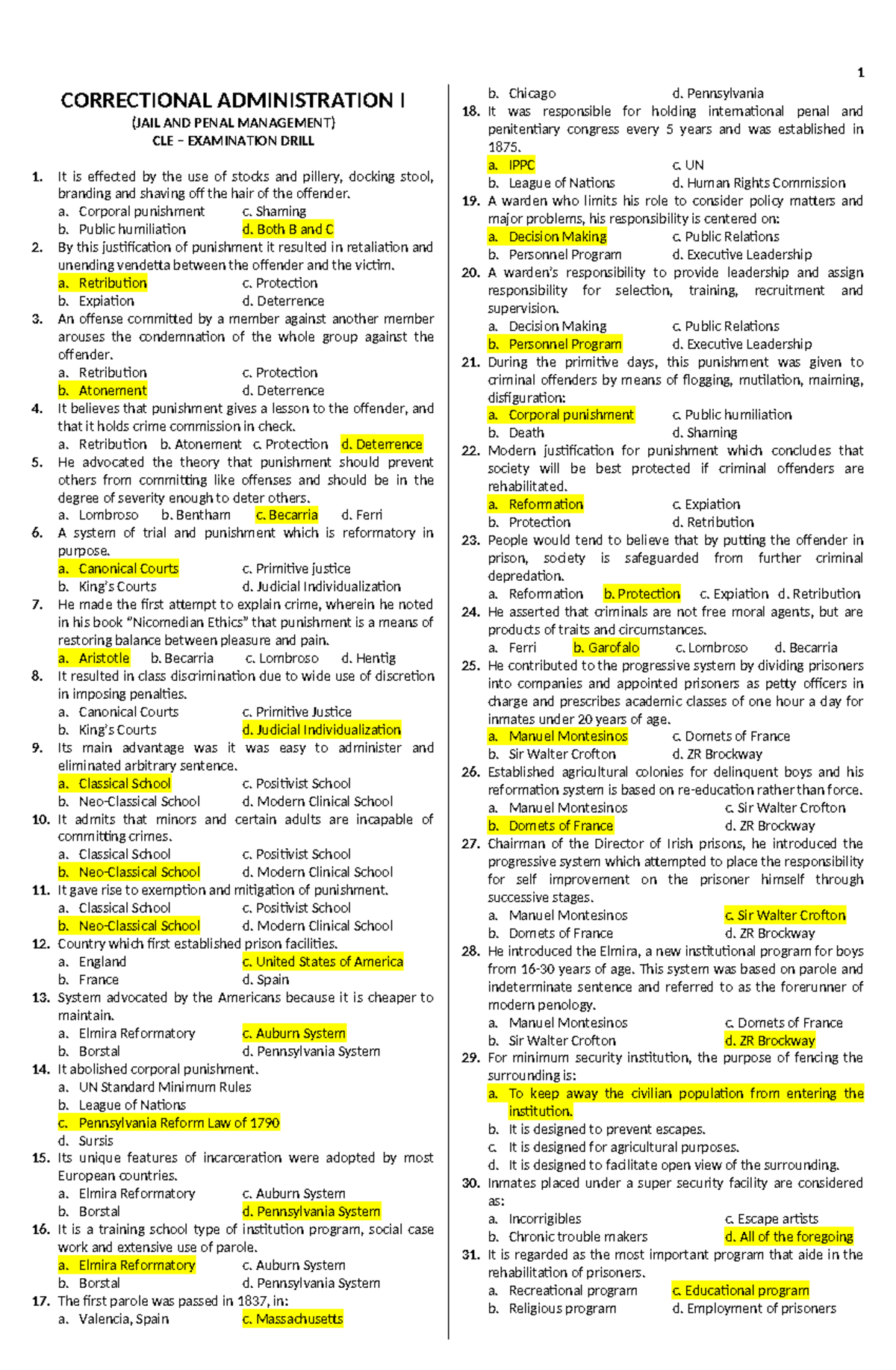 CORRECTIONAL ADMINISTRATION: Key Concepts & 200 Item Drill Exam - Studocu