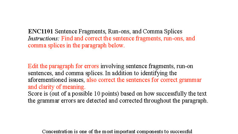 ENC1101 Grammar Activity: Fixing Sentence Fragments & Comma Splices ...