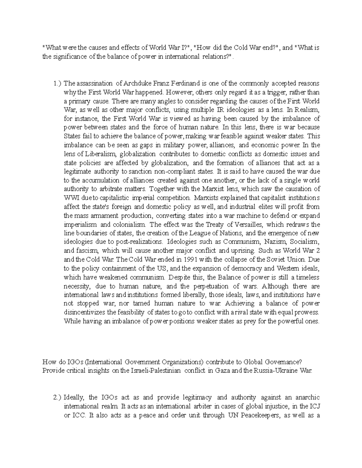 Salazar-IR: Causes & Effects of WWI, Cold War, and Power Balance - Studocu