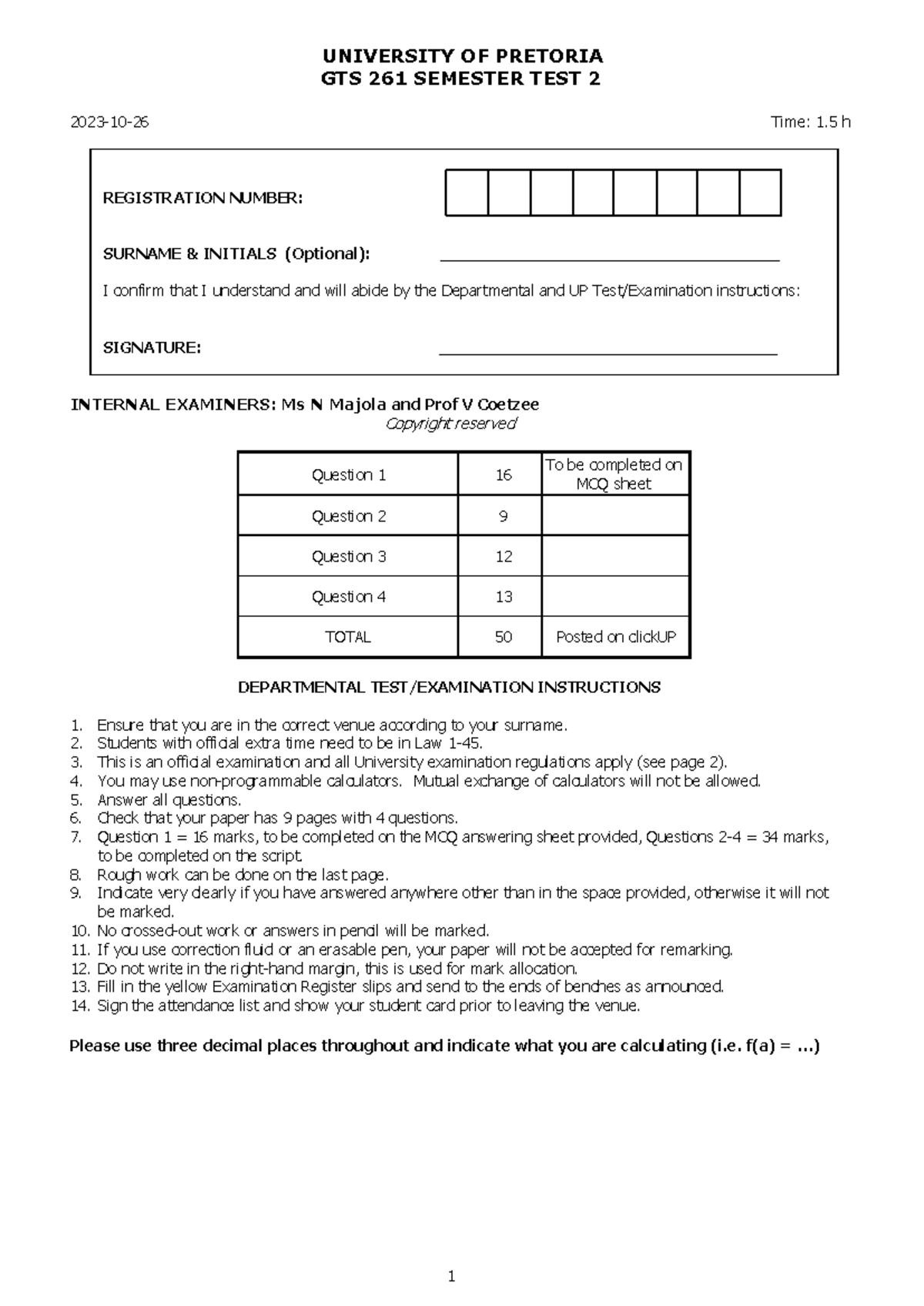 GTS261 Semester Test 2 2023 Memo and Examination Instructions - Studocu