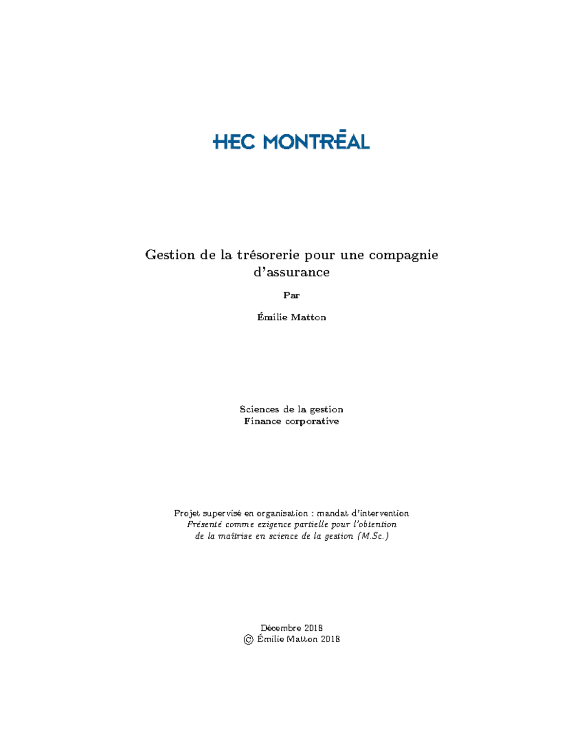 Gestion de la Trésorerie dans les Compagnies d’Assurance - Projet M.Sc ...