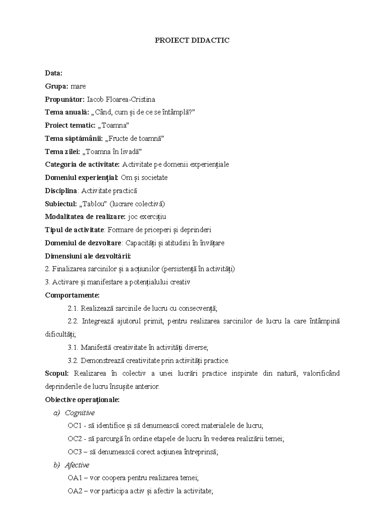 Proiect Didactic: Activități Tematice de Toamnă (Grupa Mare) - Studocu