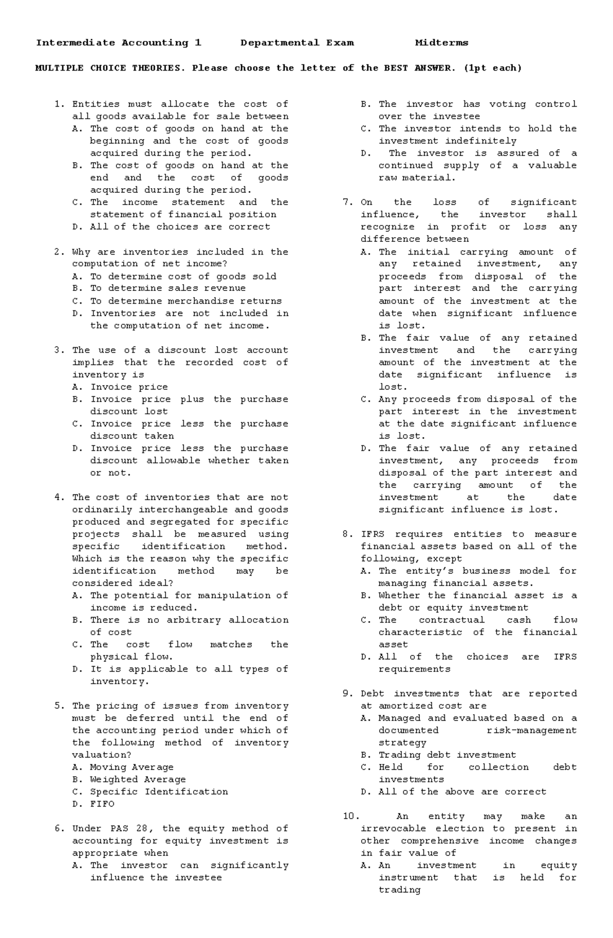 Intermediate Accounting 1 Midterm Exam: Multiple Choice Questions - Studocu