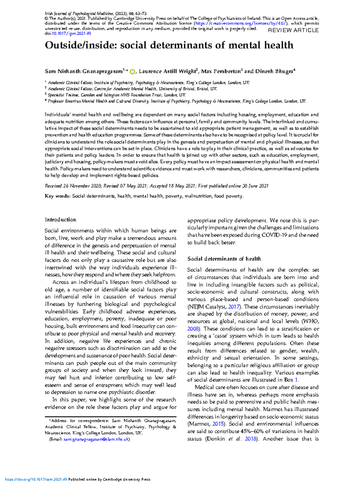 Review Article: Social Determinants of Mental Health - Studocu