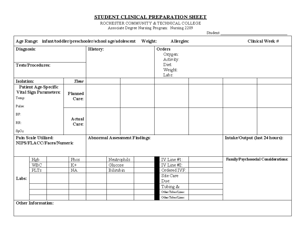 Nursing 2209: Student Clinical Prep & Care Sheet for Pediatric Patients ...