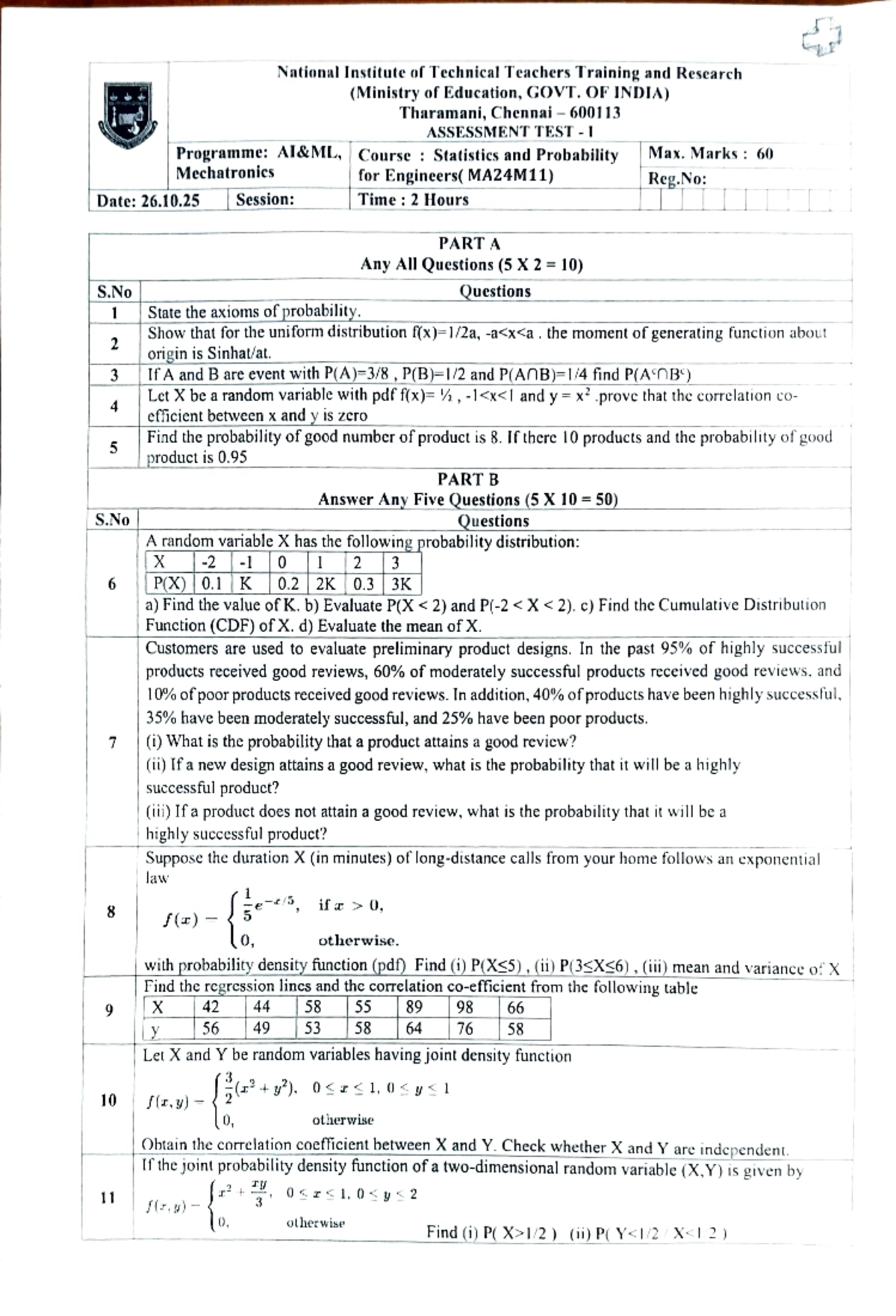 Assessment Test I: Statistics and Probability (MA24M11) - Studocu