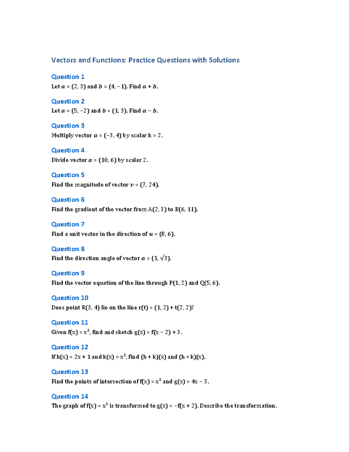 Vectors and Functions: Practice Questions with Solutions (MATH 101 ...