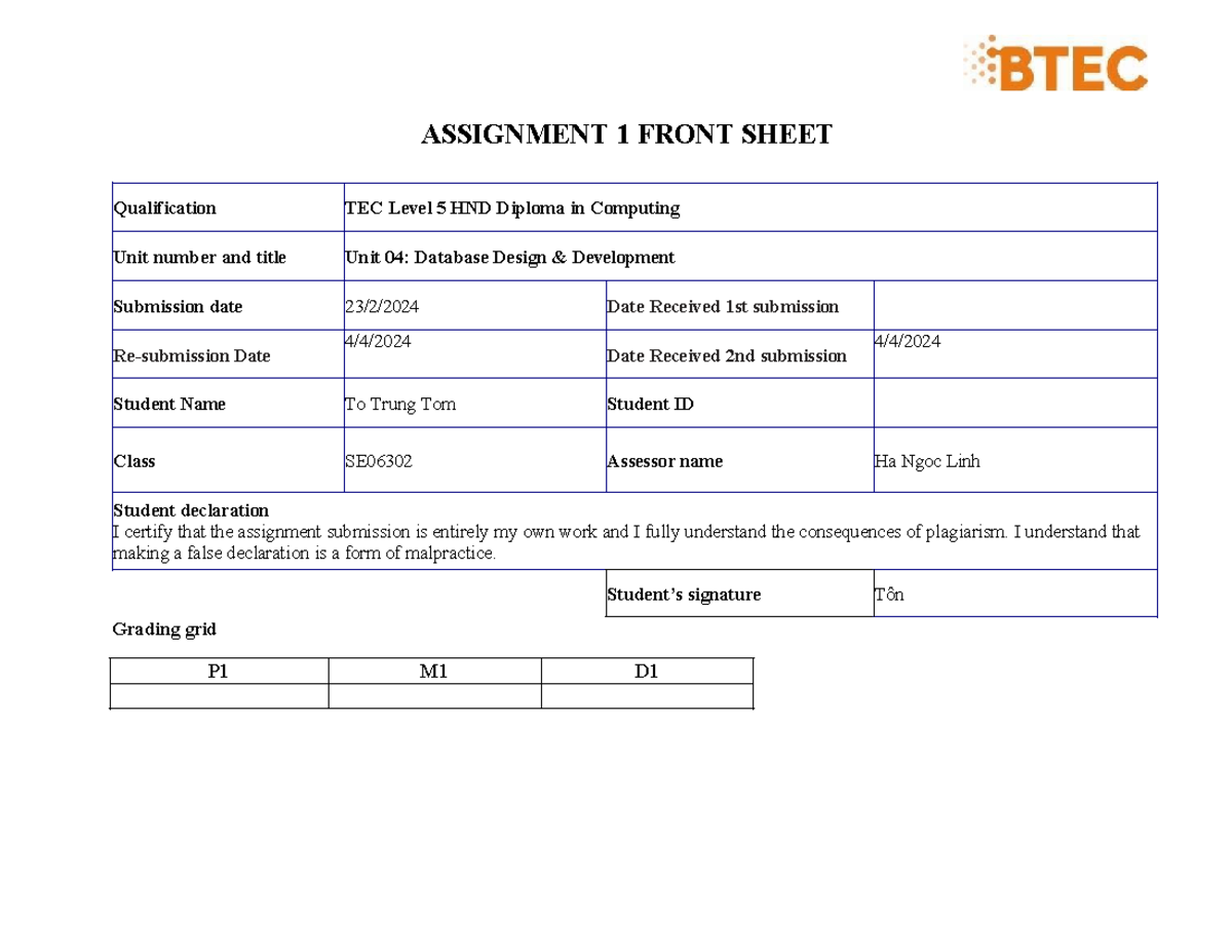 Database Design & Development Assignment BH00980 AM1 by Tôn - Studocu