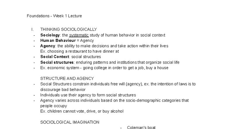 Sociology 1025A - Week 1 Lecture: Thinking Sociologically - Studocu